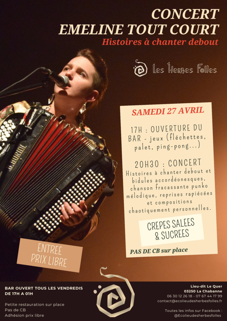 Samedi 27 avril : Concert EMELINE TOUT COURT – La Chabanne